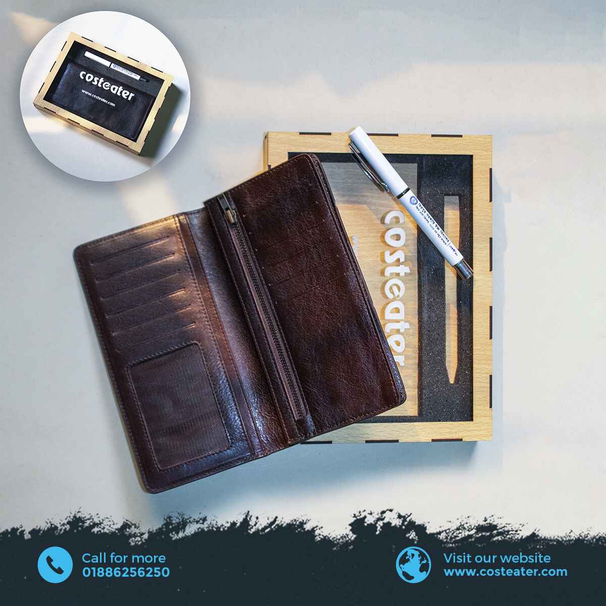 Genuine Leather Wallet and Pen Set with Wooden Box - Costeater