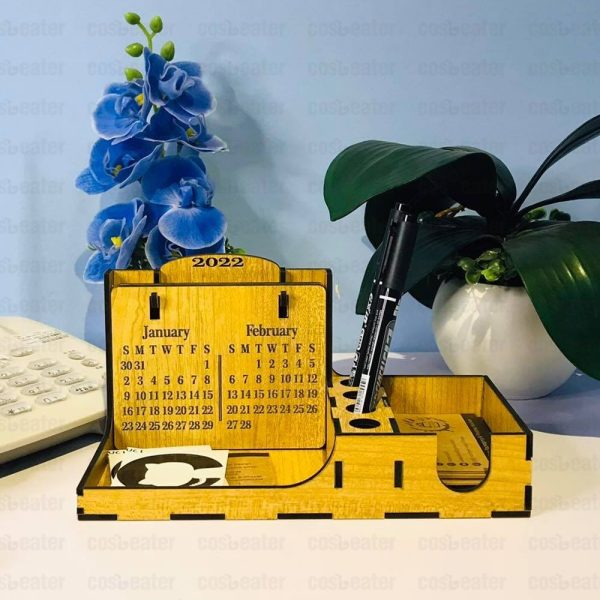 New Year Wooden Desk Calendar with Pen Holder, Card Holder, Sip Pad ...