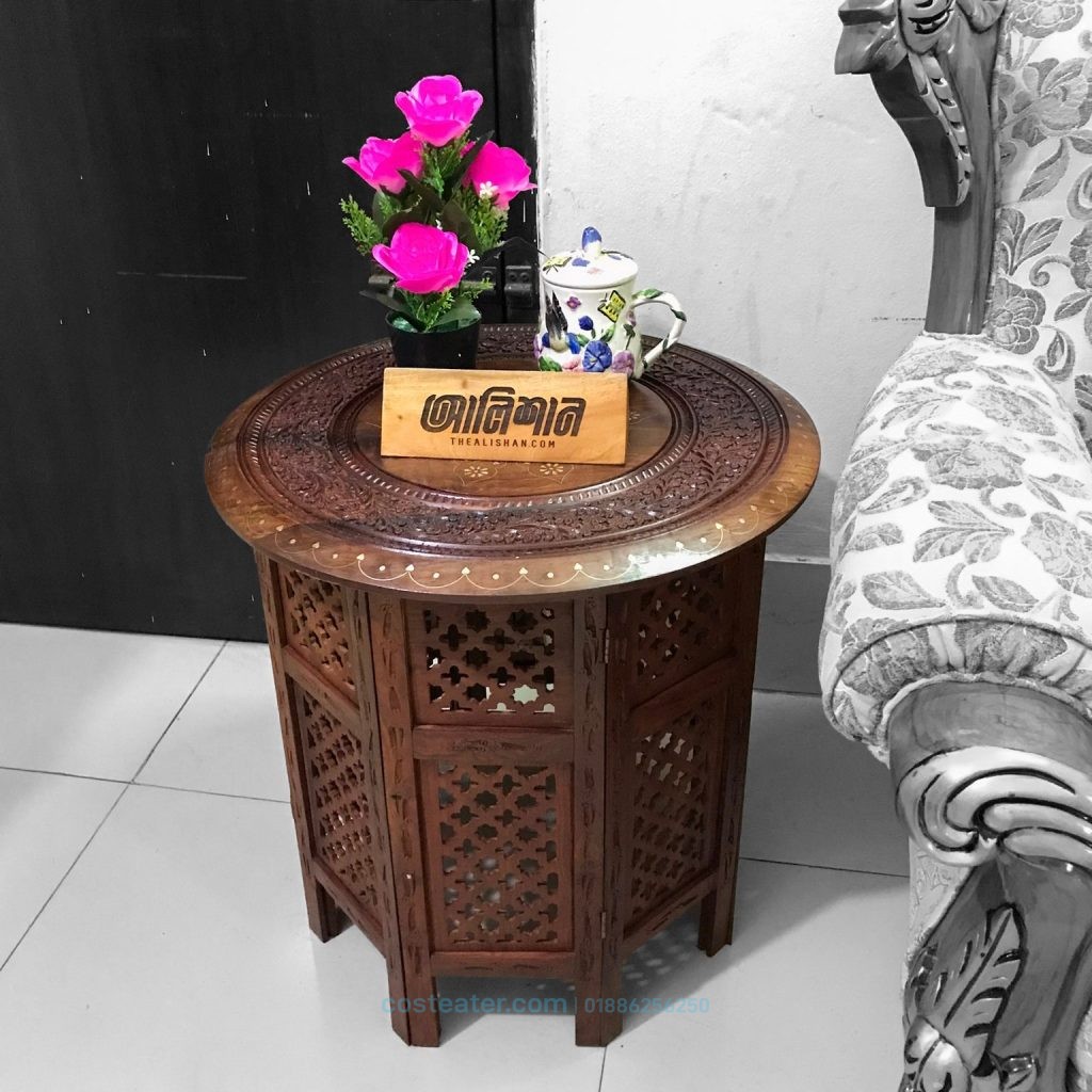 Sheesham Kashmiri Jali Wooden Side Table with Brass & Copper - Costeater